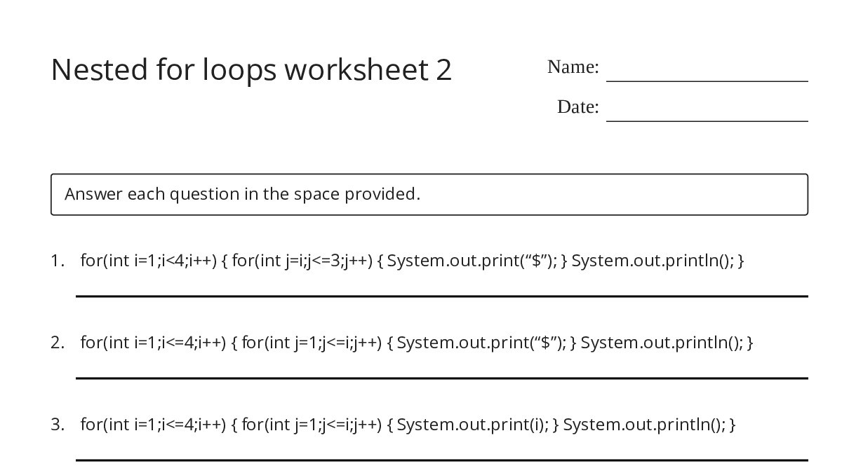 Nested for loops worksheet 2 - My Worksheet Maker: Create Your Own ...