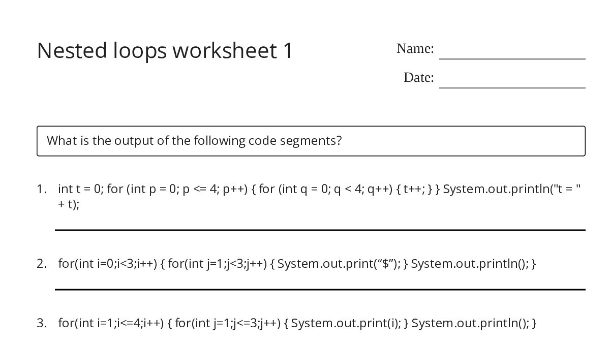 Nested loops worksheet 1 - My Worksheet Maker: Create Your Own Worksheets