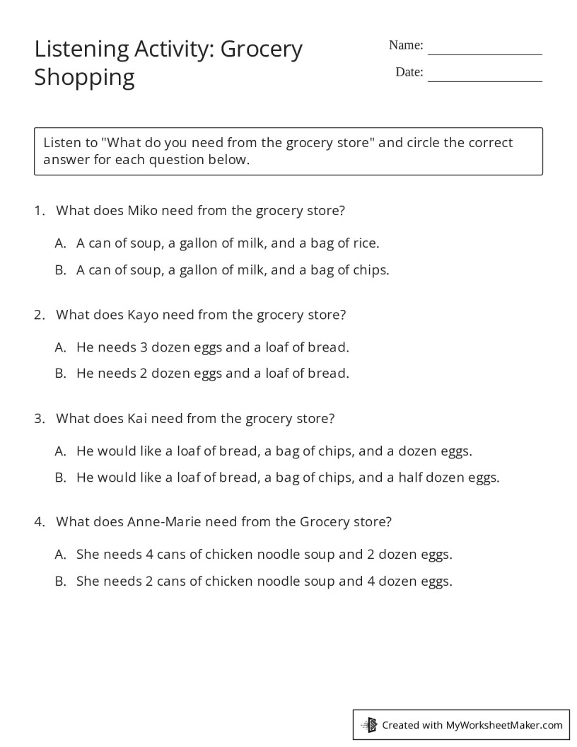 Listening Activity: Grocery Shopping - My Worksheet Maker: Create Your ...