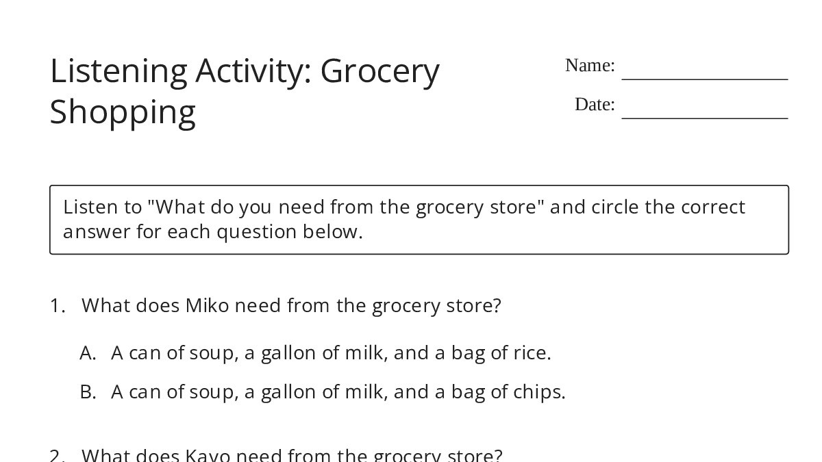 Listening Activity: Grocery Shopping - My Worksheet Maker: Create Your ...