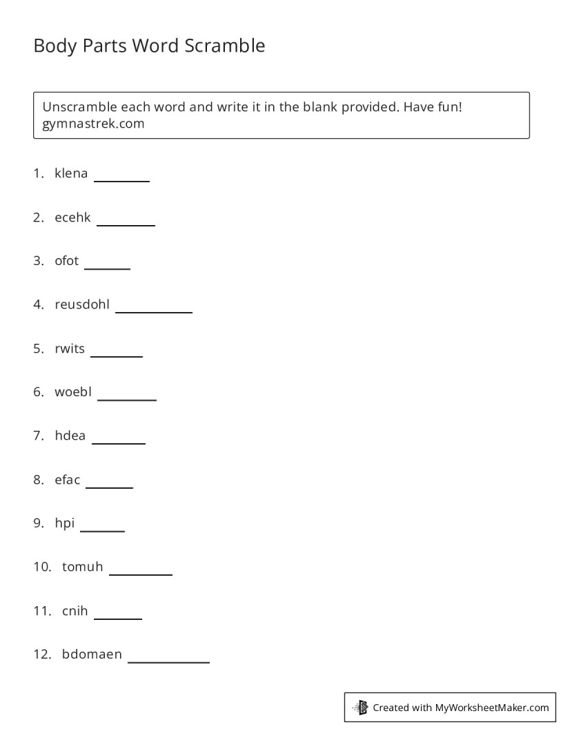 Body Parts Word Scramble - My Worksheet Maker: Create Your Own Worksheets