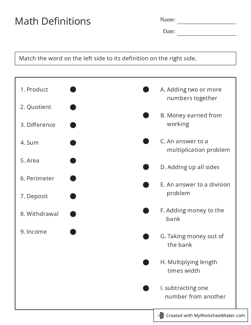 Math Definitions - My Worksheet Maker: Create Your Own Worksheets