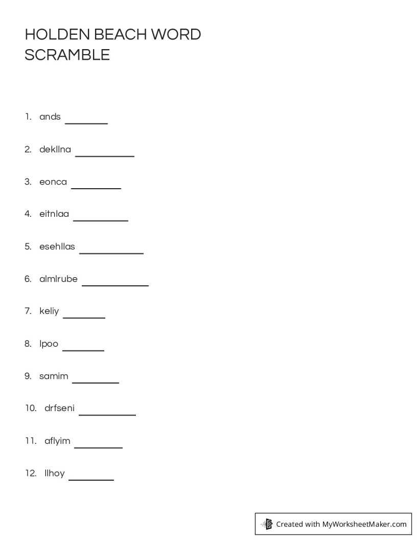 HOLDEN BEACH WORD SCRAMBLE - My Worksheet Maker: Create Your Own Worksheets