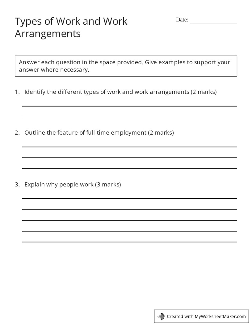 Types of Work and Work Arrangements - My Worksheet Maker: Create Your ...