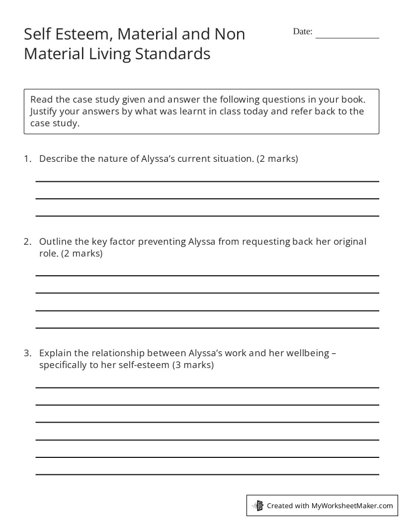 Self Esteem, Material and Non Material Living Standards - My Worksheet ...