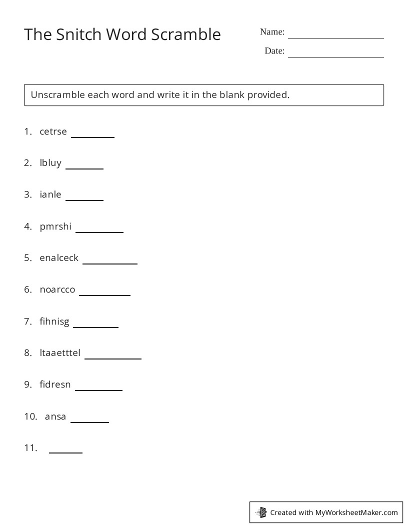 The Snitch Word Scramble - My Worksheet Maker: Create Your Own Worksheets