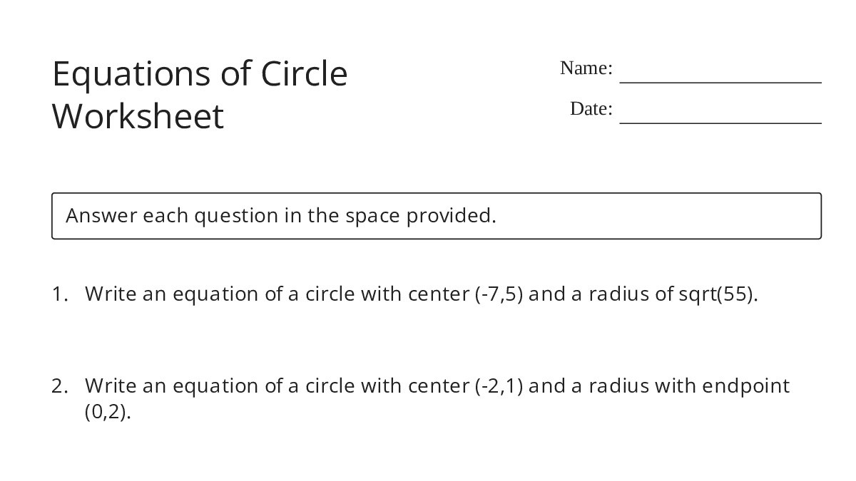Equations of Circle Worksheet - My Worksheet Maker: Create Your Own ...