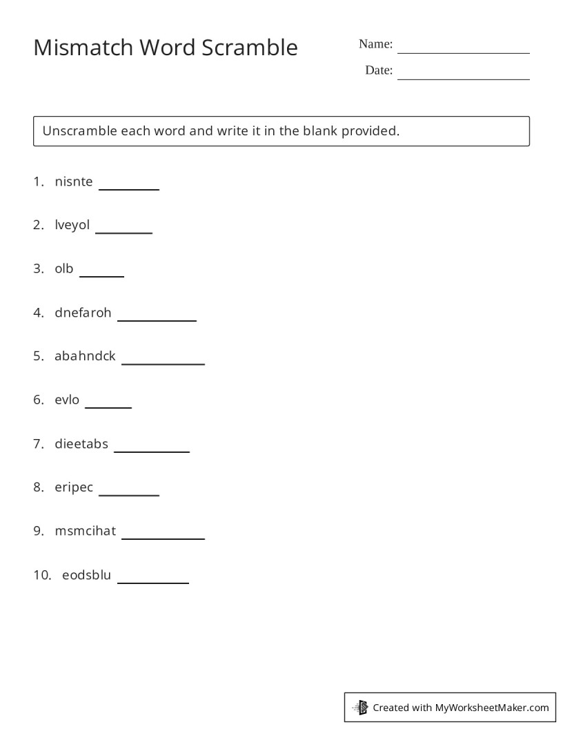 Mismatch Word Scramble - My Worksheet Maker: Create Your Own Worksheets