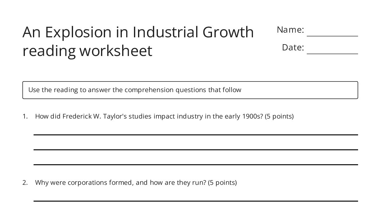 An Explosion in Industrial Growth reading worksheet - My Worksheet ...