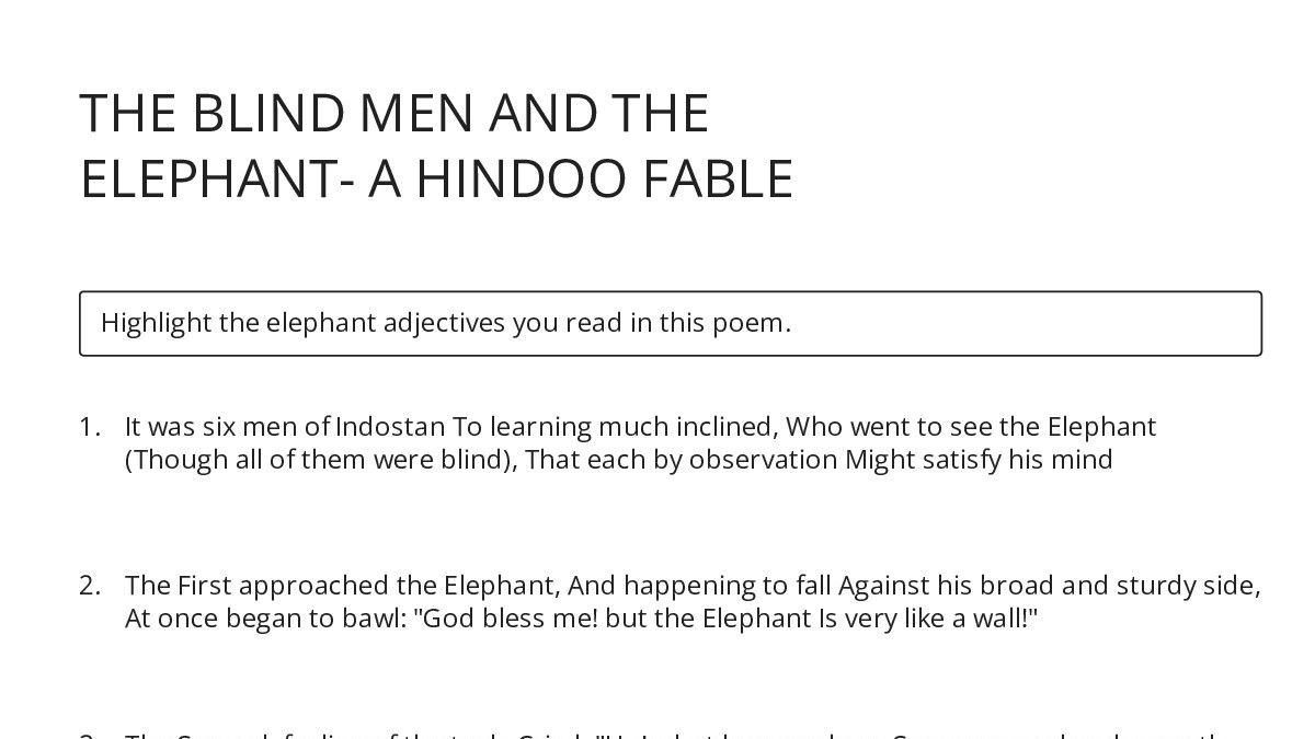 THE BLIND MEN AND THE ELEPHANT- A HINDOO FABLE - My Worksheet Maker ...