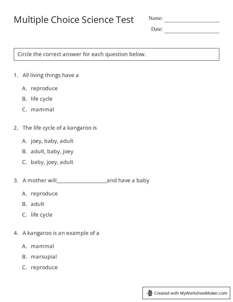 Multiple Choice Science Test - My Worksheet Maker: Create Your Own ...