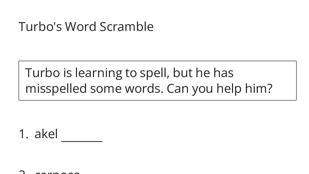 Turbo's Word Scramble - My Worksheet Maker: Create Your Own Worksheets