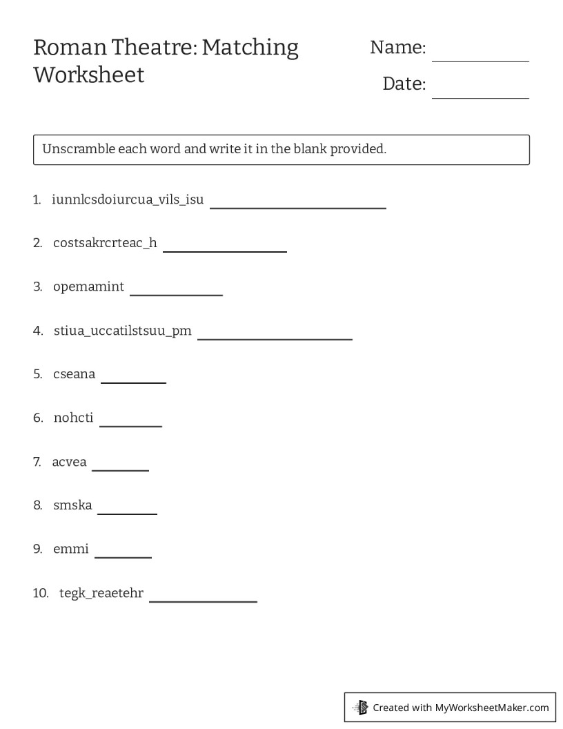 Roman Theatre: Matching Worksheet - My Worksheet Maker: Create Your Own ...