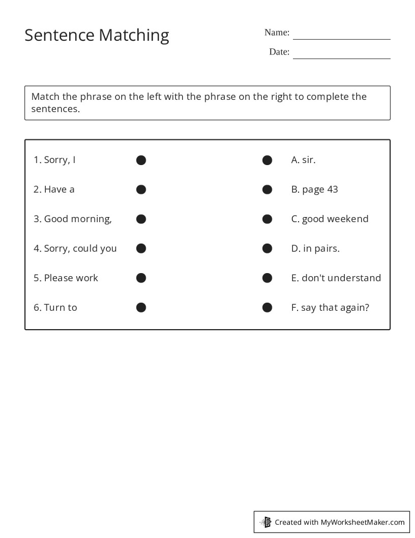 Sentence Matching - My Worksheet Maker: Create Your Own Worksheets