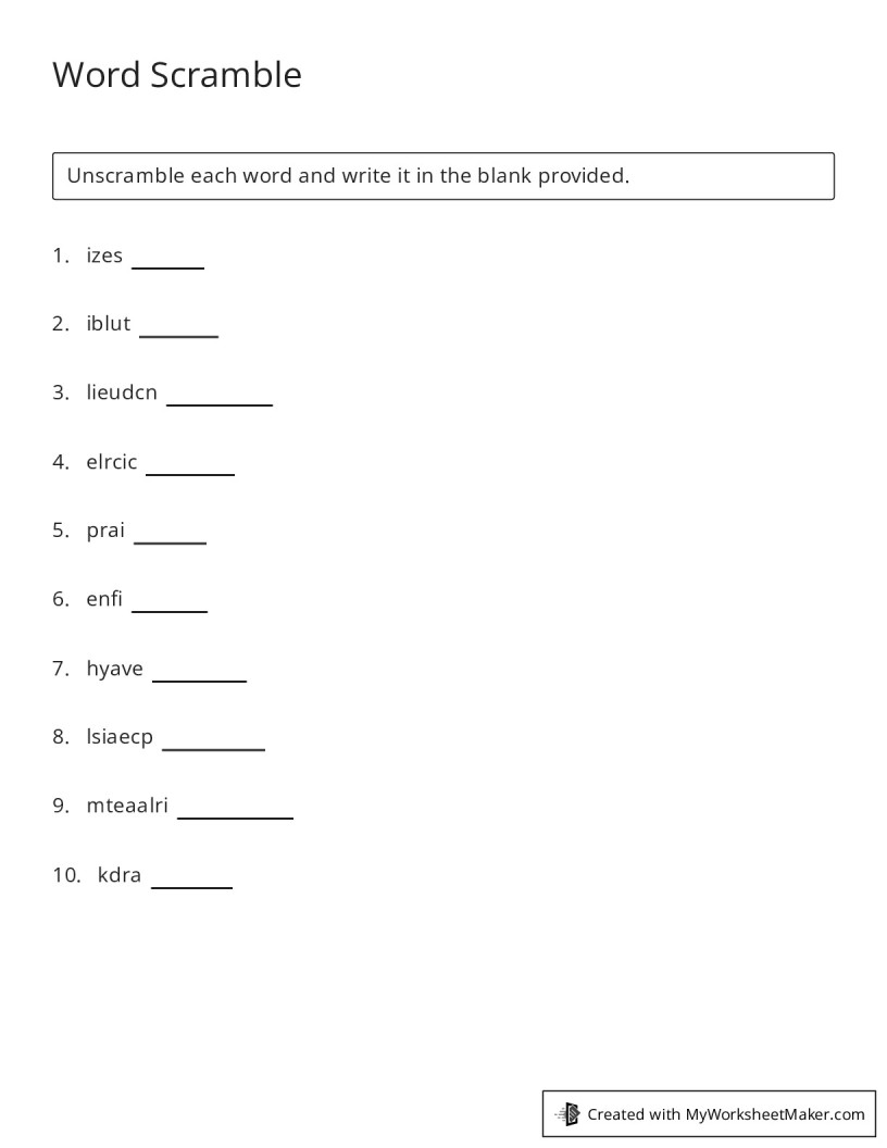 Word Scramble - My Worksheet Maker: Create Your Own Worksheets