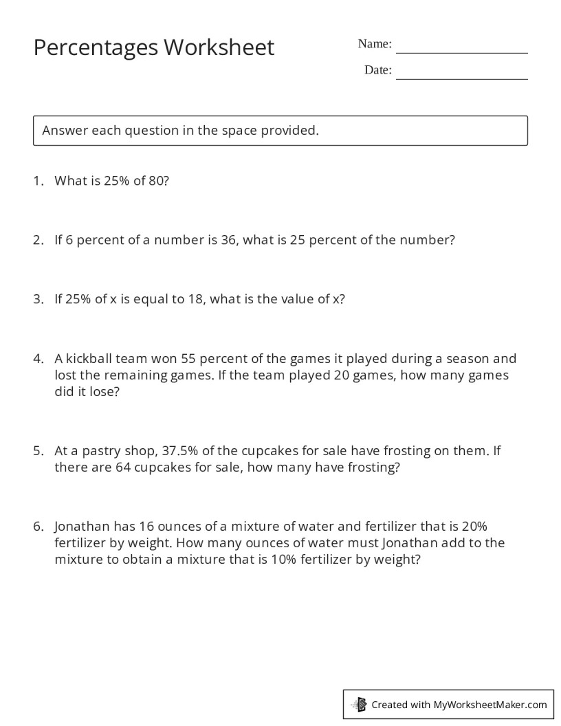 Percentages Worksheet - My Worksheet Maker: Create Your Own Worksheets