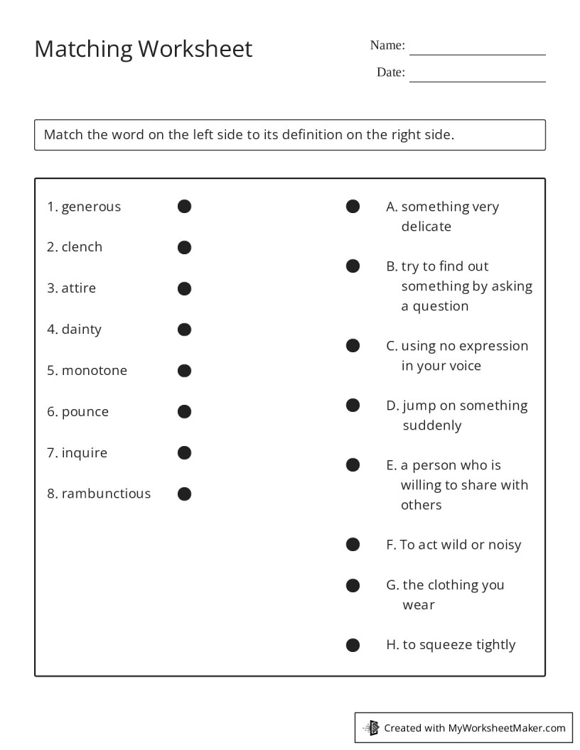 Matching Worksheet - My Worksheet Maker: Create Your Own Worksheets