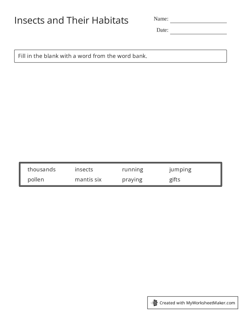 Insects and Their Habitats - My Worksheet Maker: Create Your Own Worksheets