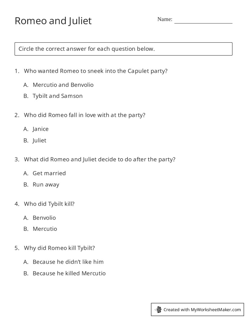 Romeo and Juliet - My Worksheet Maker: Create Your Own Worksheets