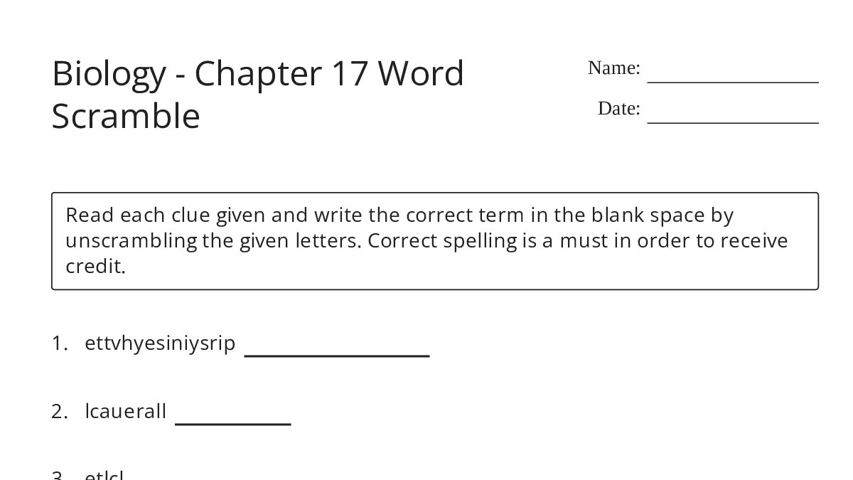 Biology - Chapter 17 Word Scramble - My Worksheet Maker: Create Your ...