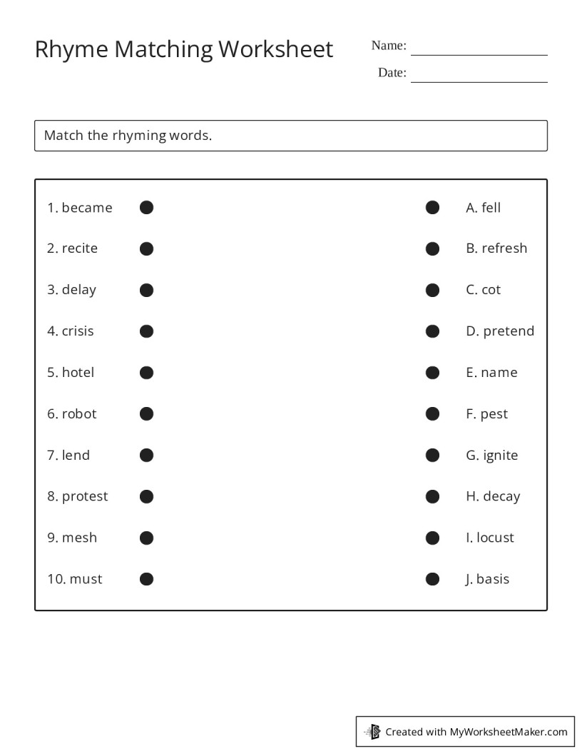 Rhyme Matching Worksheet - My Worksheet Maker: Create Your Own Worksheets