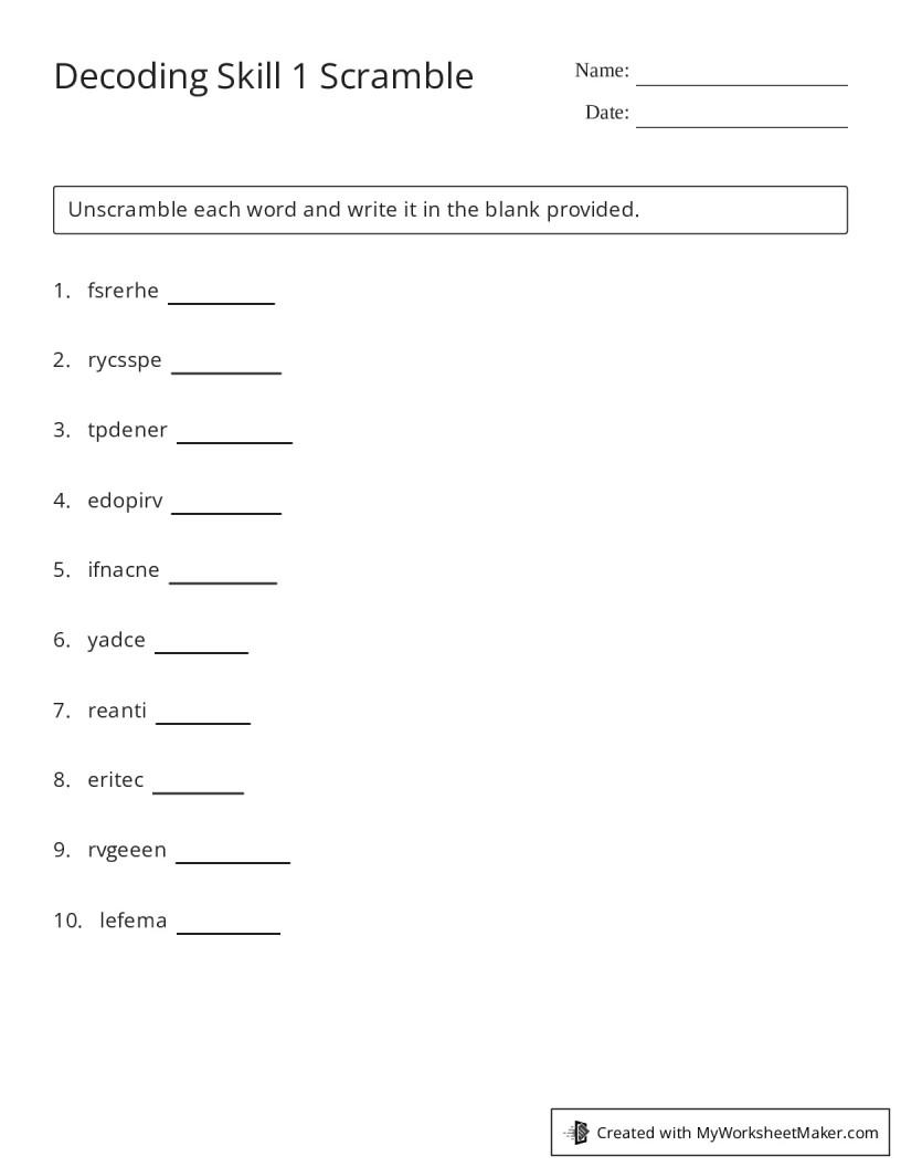 Decoding Skill 1 Scramble - My Worksheet Maker: Create Your Own Worksheets