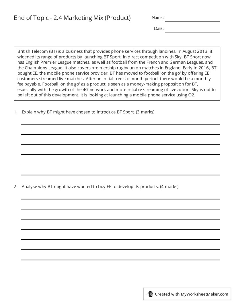 End of Topic - 2.4 Marketing Mix (Product) - My Worksheet Maker: Create ...