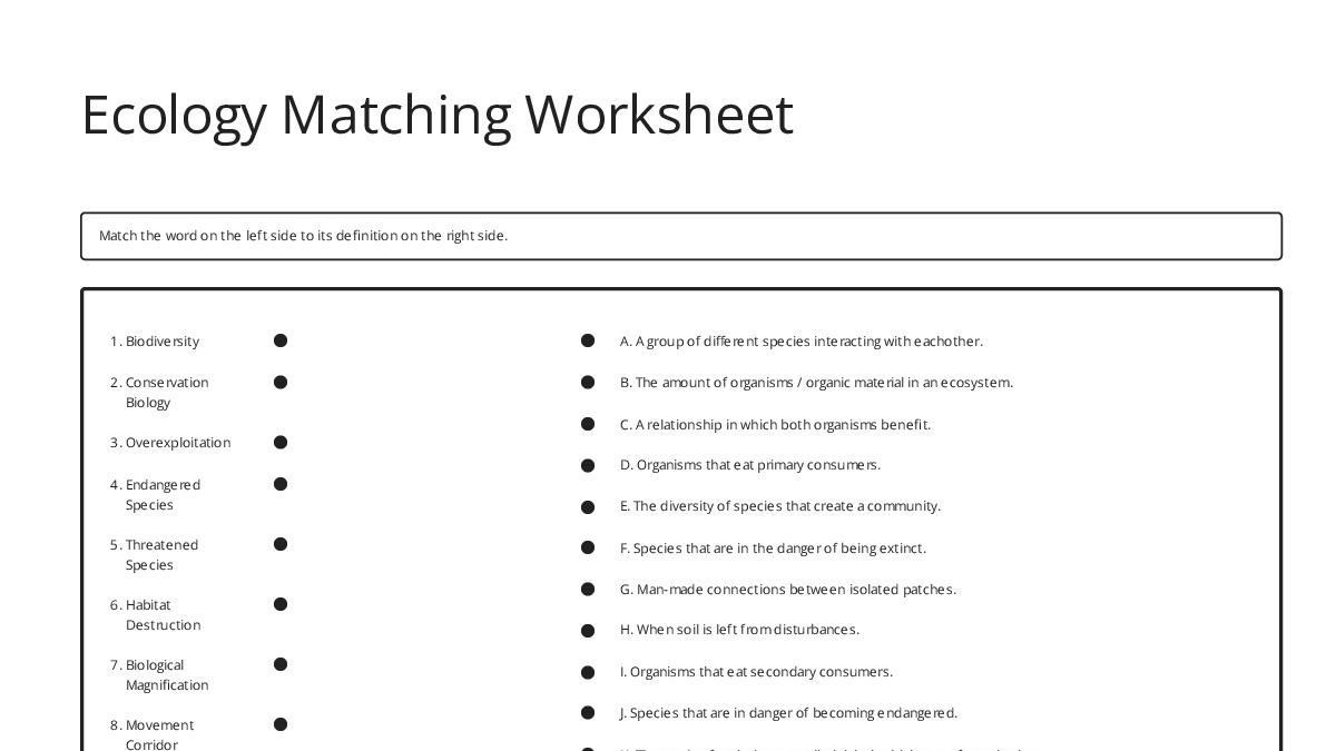 Ecology Matching Worksheet - My Worksheet Maker: Create Your Own Worksheets