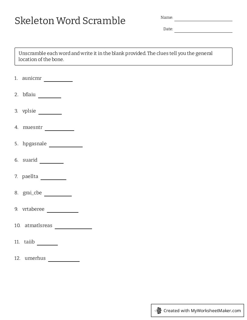 Skeleton Word Scramble - My Worksheet Maker: Create Your Own Worksheets