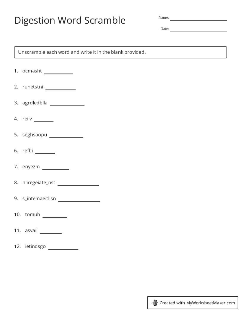 Digestion Word Scramble - My Worksheet Maker: Create Your Own Worksheets