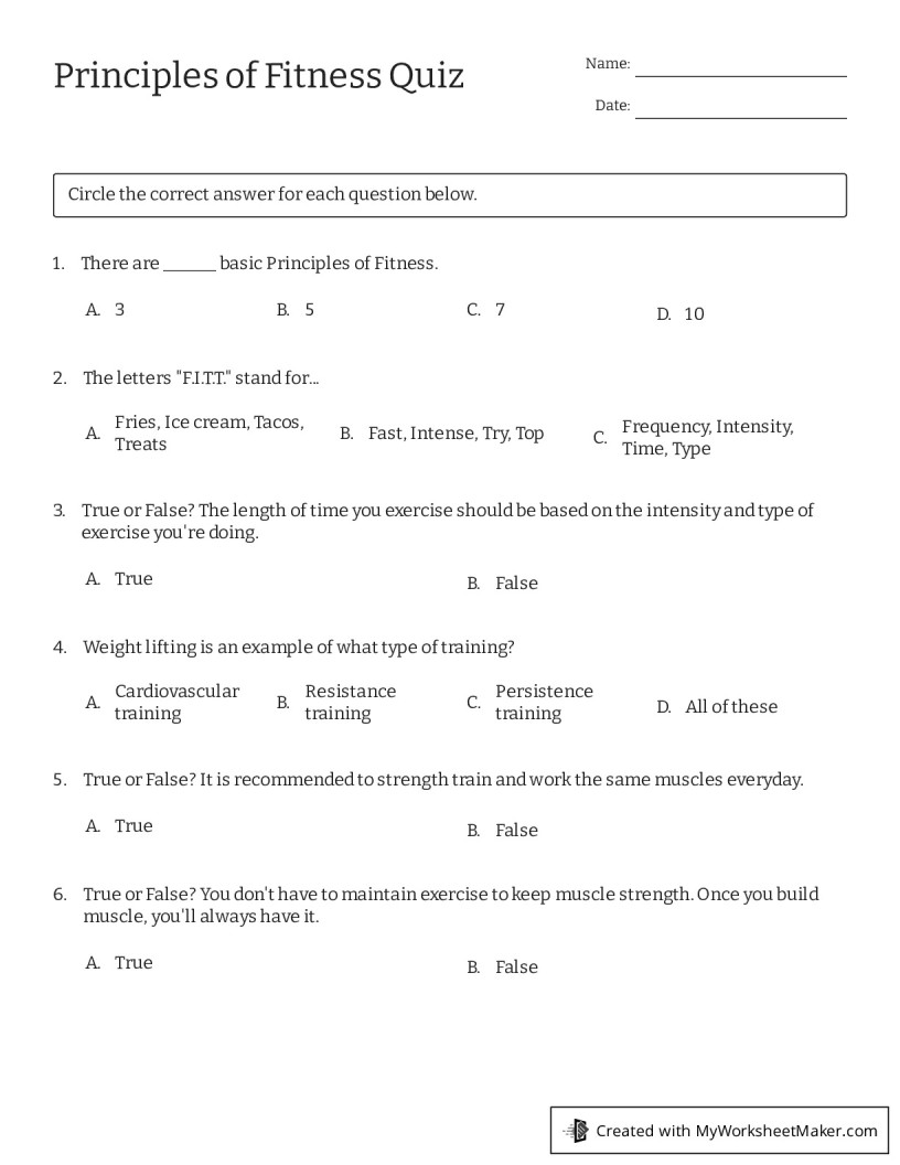 Principles of Fitness Quiz - My Worksheet Maker: Create Your Own Worksheets