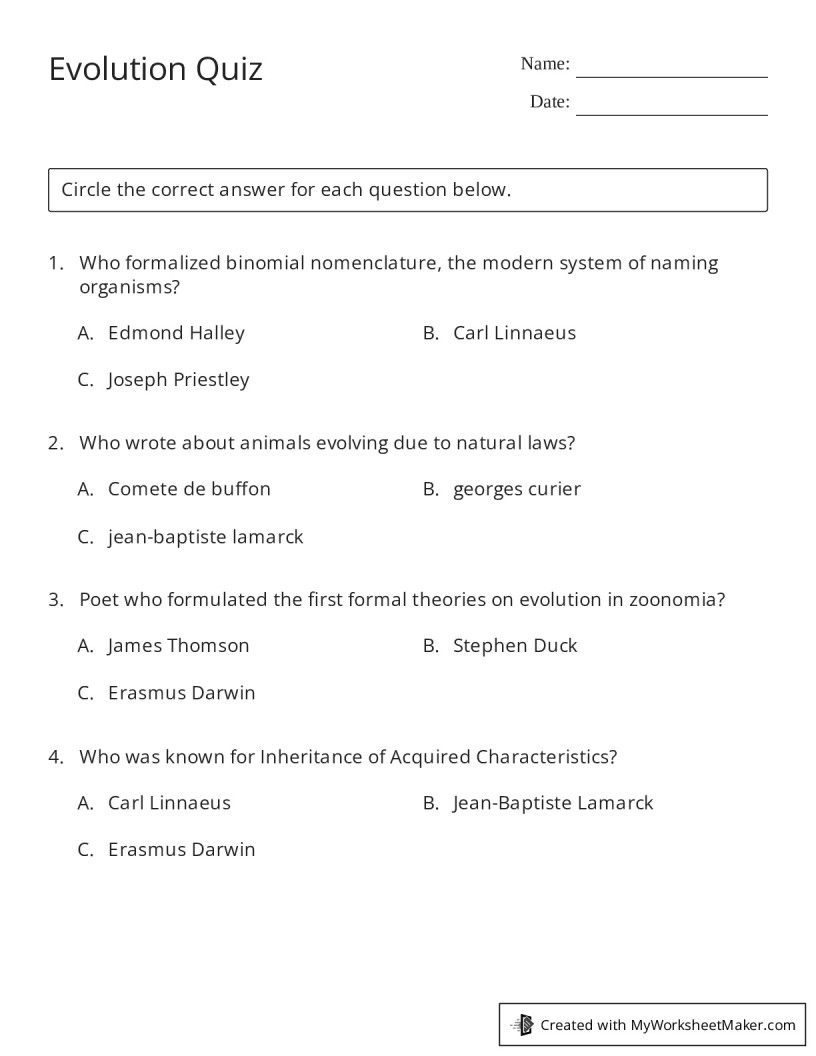 Evolution Quiz - My Worksheet Maker: Create Your Own Worksheets