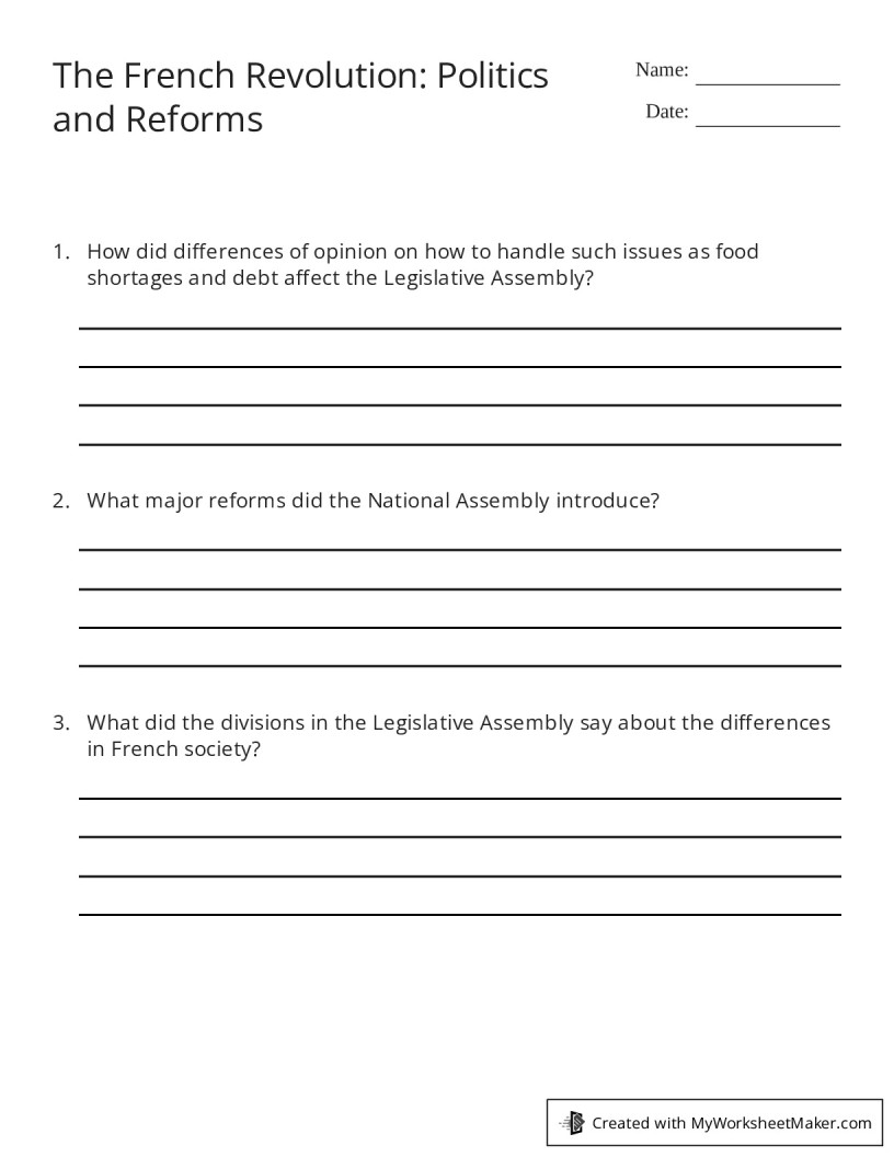 French Revolution Worksheets Worksheet French Revolution 1 | PDF