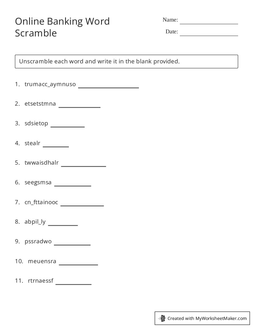 Online Banking Word Scramble - My Worksheet Maker: Create Your Own ...