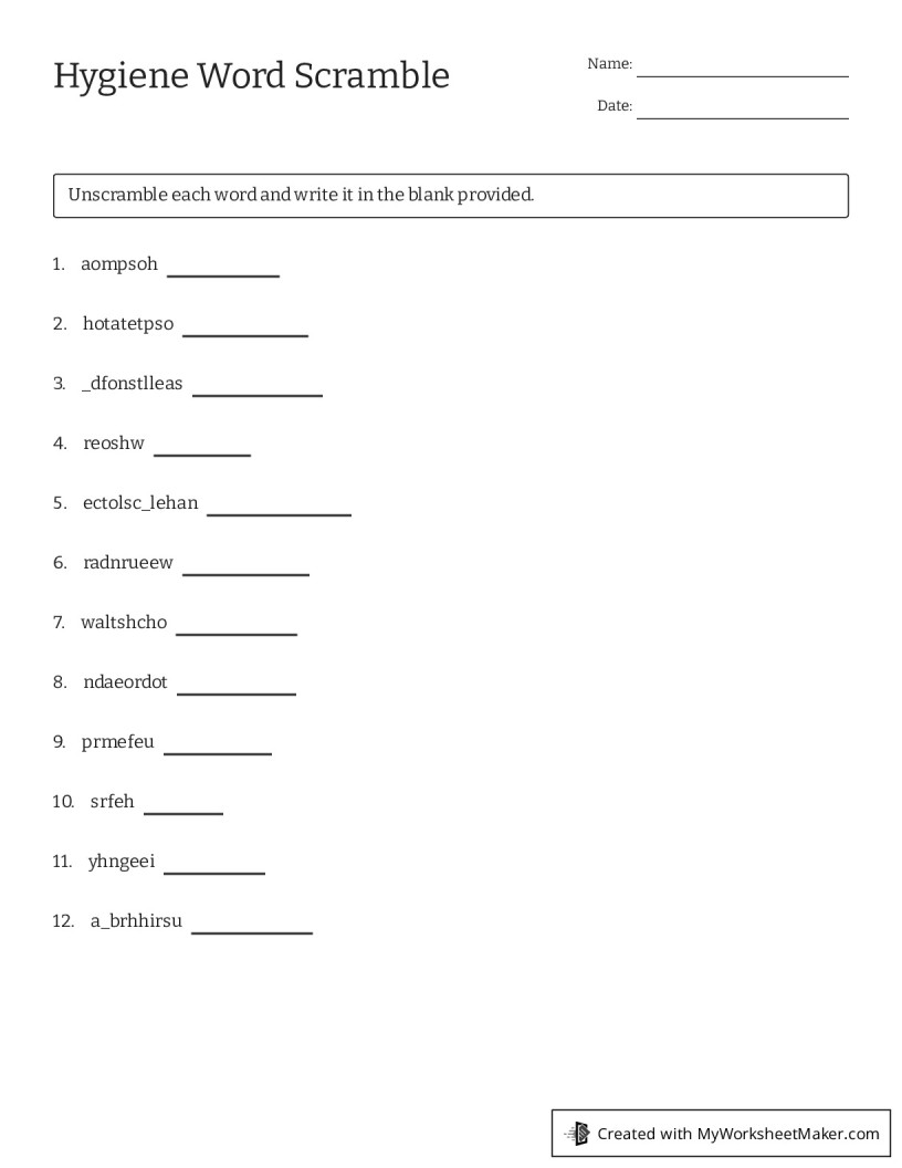 Hygiene Word Scramble - My Worksheet Maker: Create Your Own Worksheets