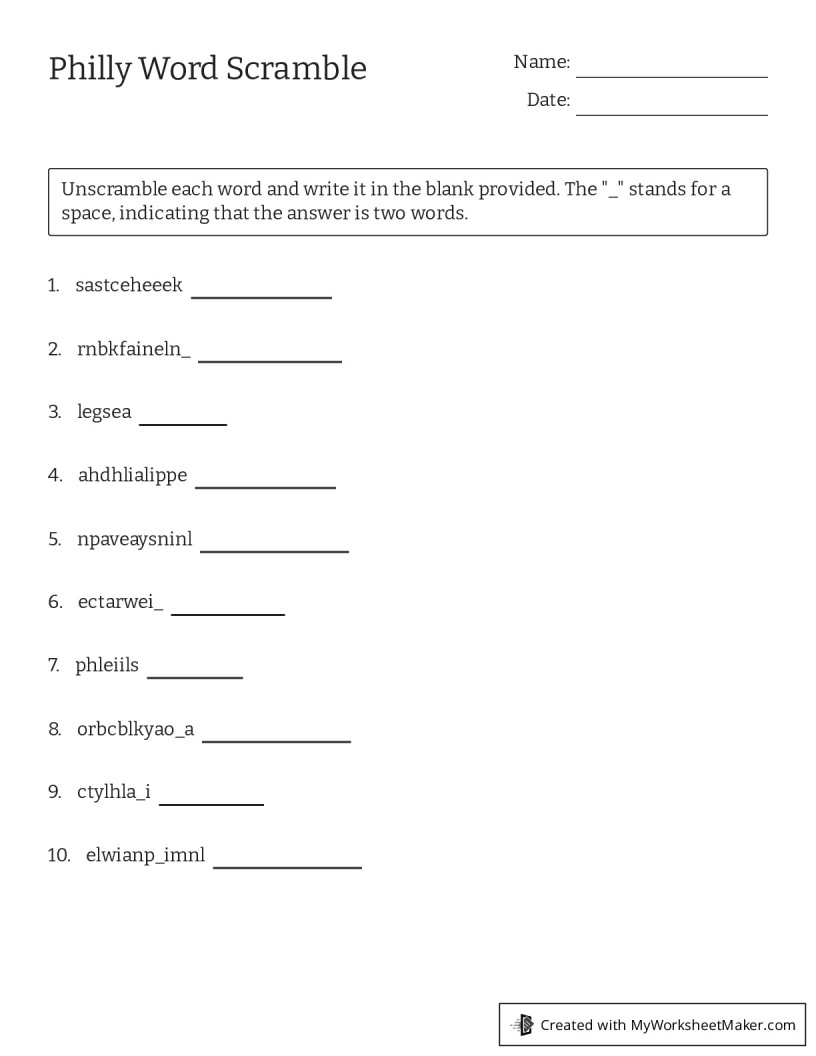 Philly Word Scramble - My Worksheet Maker: Create Your Own Worksheets