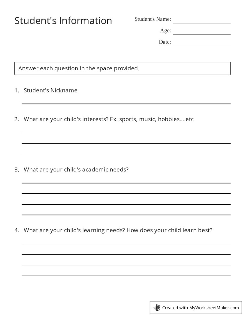 Student's Information - My Worksheet Maker: Create Your Own Worksheets