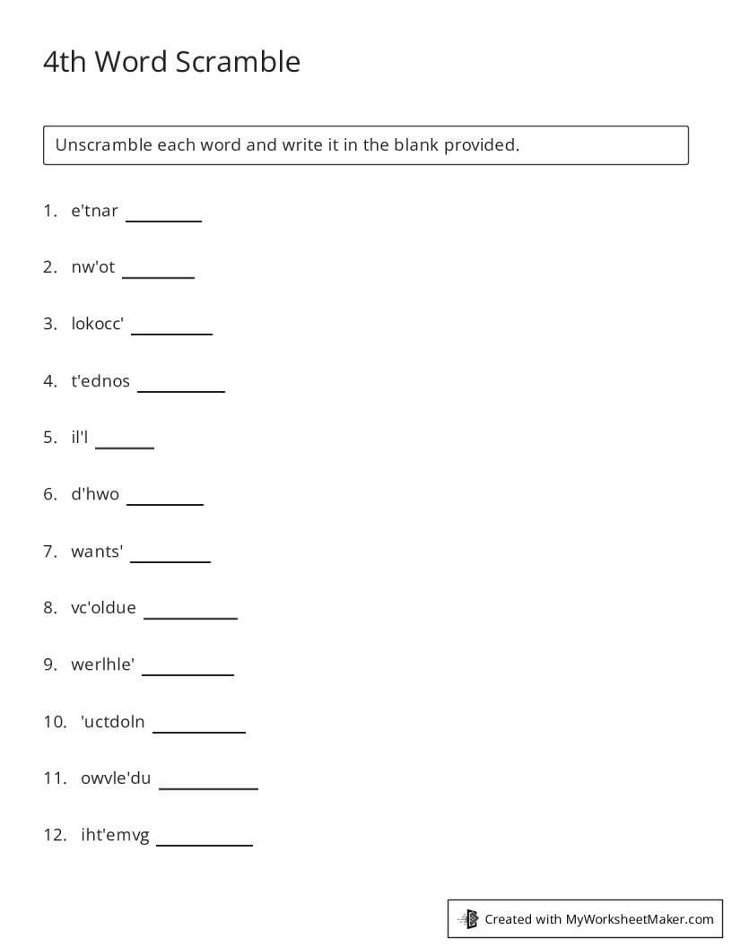 4th Word Scramble - My Worksheet Maker: Create Your Own Worksheets