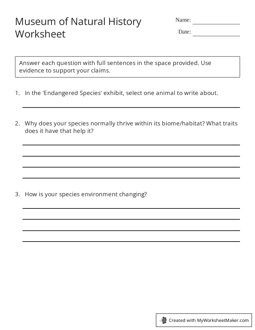 Museum of Natural History Worksheet - My Worksheet Maker: Create Your ...