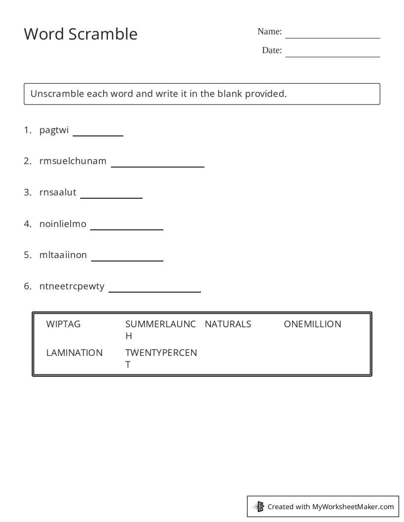 Word Scramble - My Worksheet Maker: Create Your Own Worksheets