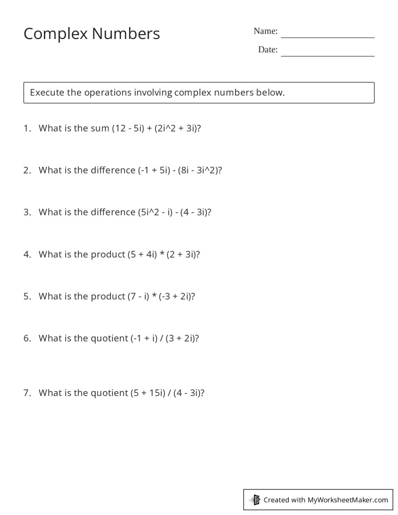 Complex Numbers - My Worksheet Maker: Create Your Own Worksheets