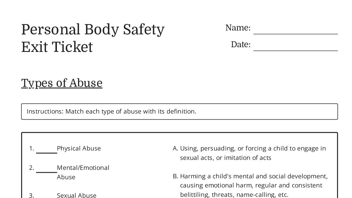Personal Body Safety Exit Ticket - My Worksheet Maker: Create Your Own ...