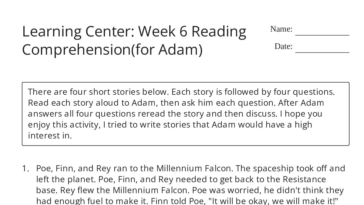 Learning Center: Week 6 Reading Comprehension(for Adam) - My Worksheet ...