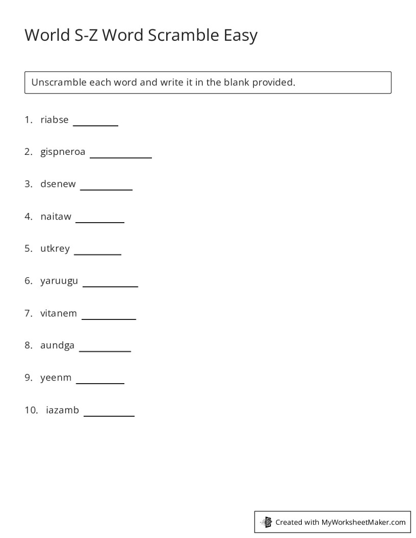 World S-Z Word Scramble Easy - My Worksheet Maker: Create Your Own ...