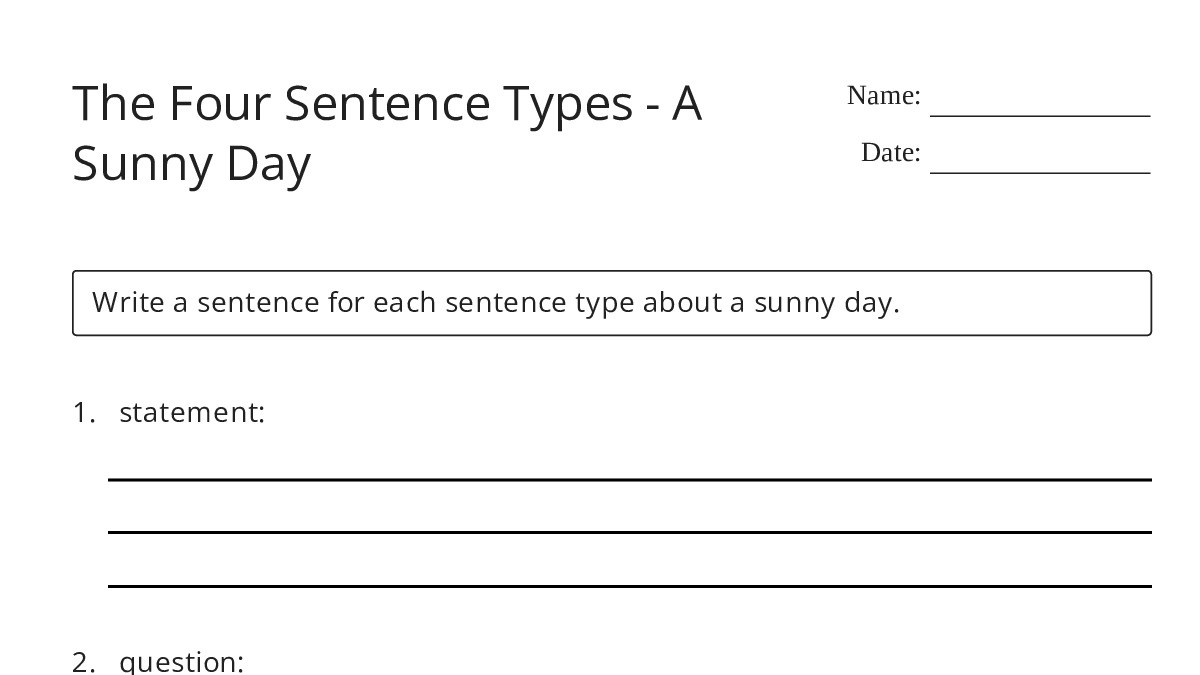The Four Sentence Types - A Sunny Day - My Worksheet Maker: Create Your ...