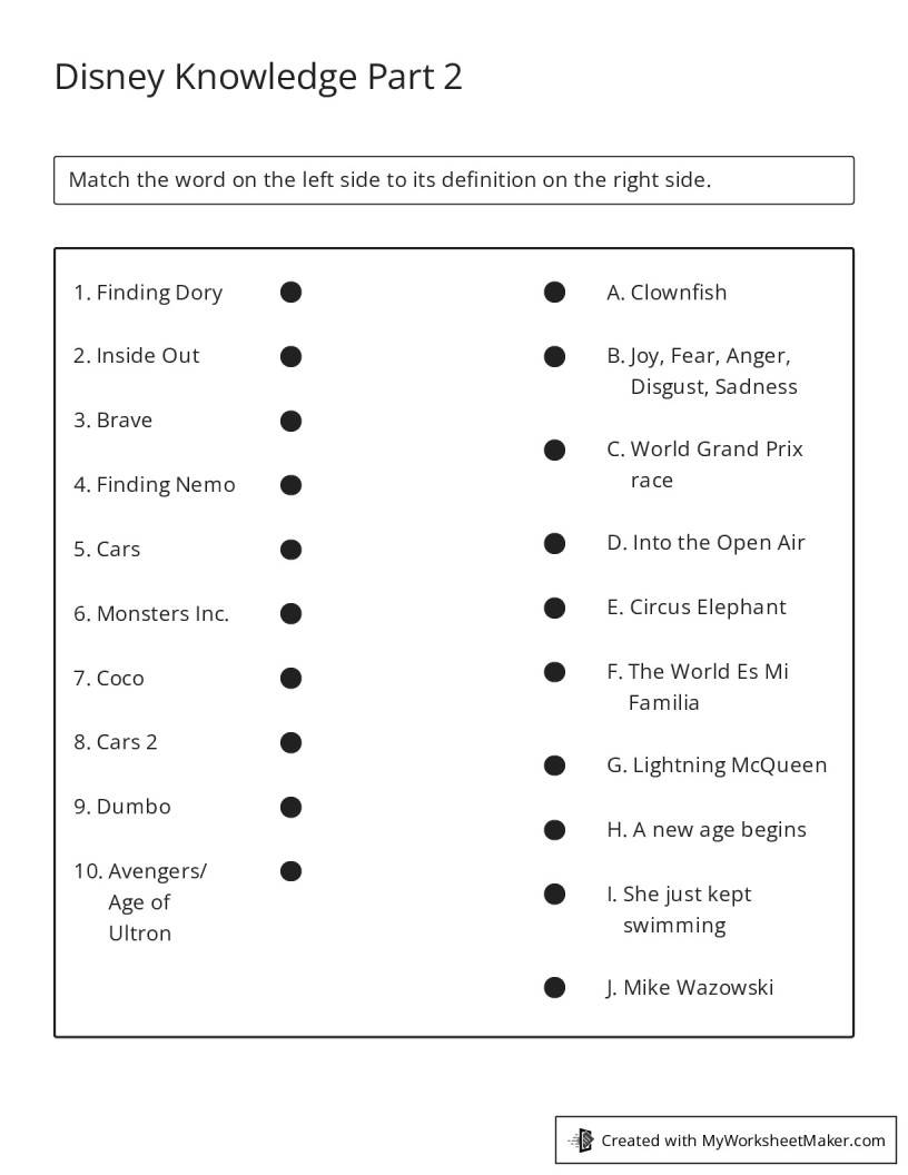 Disney Knowledge Part 2 - My Worksheet Maker: Create Your Own Worksheets