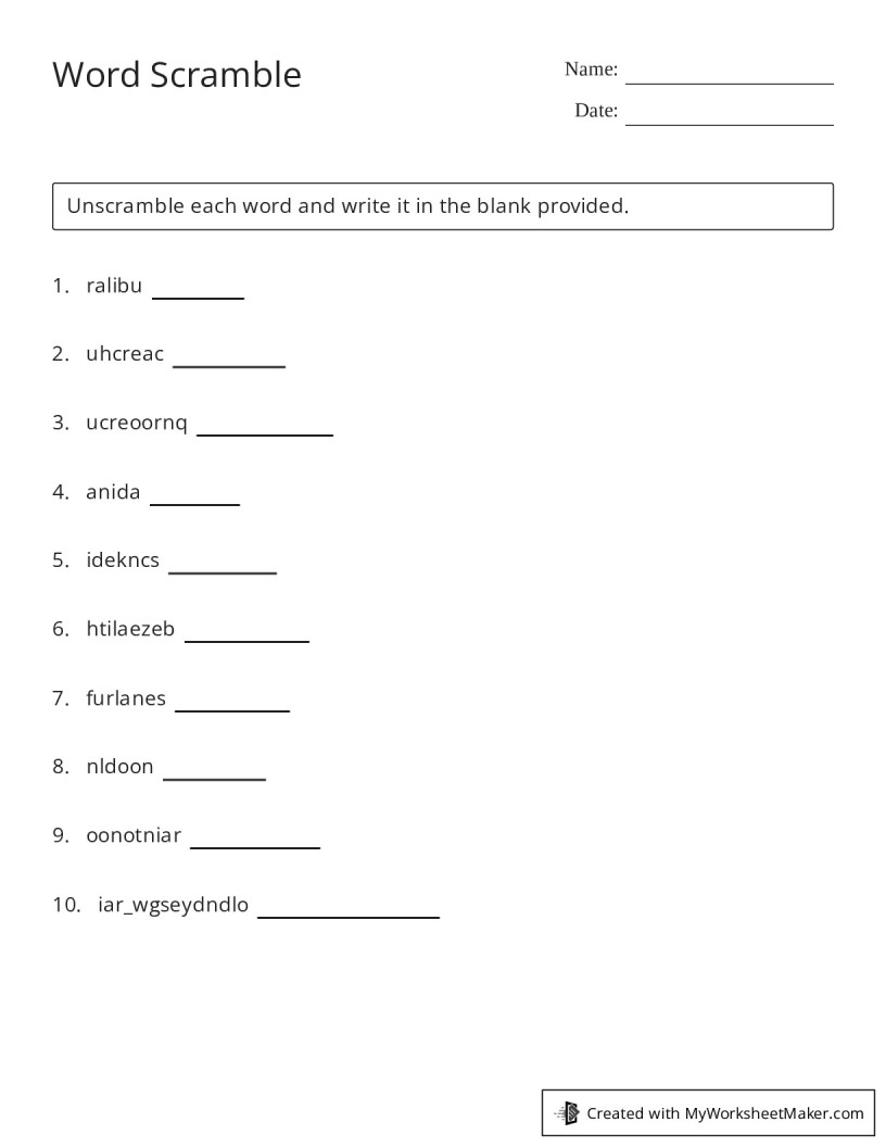 Word Scramble - My Worksheet Maker: Create Your Own Worksheets