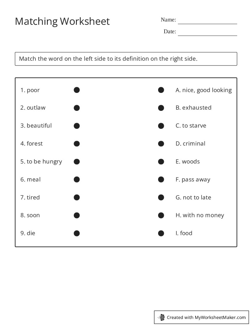 Matching Worksheet - My Worksheet Maker: Create Your Own Worksheets