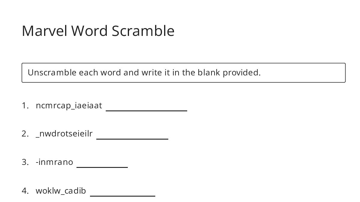 Marvel Word Scramble - My Worksheet Maker: Create Your Own Worksheets