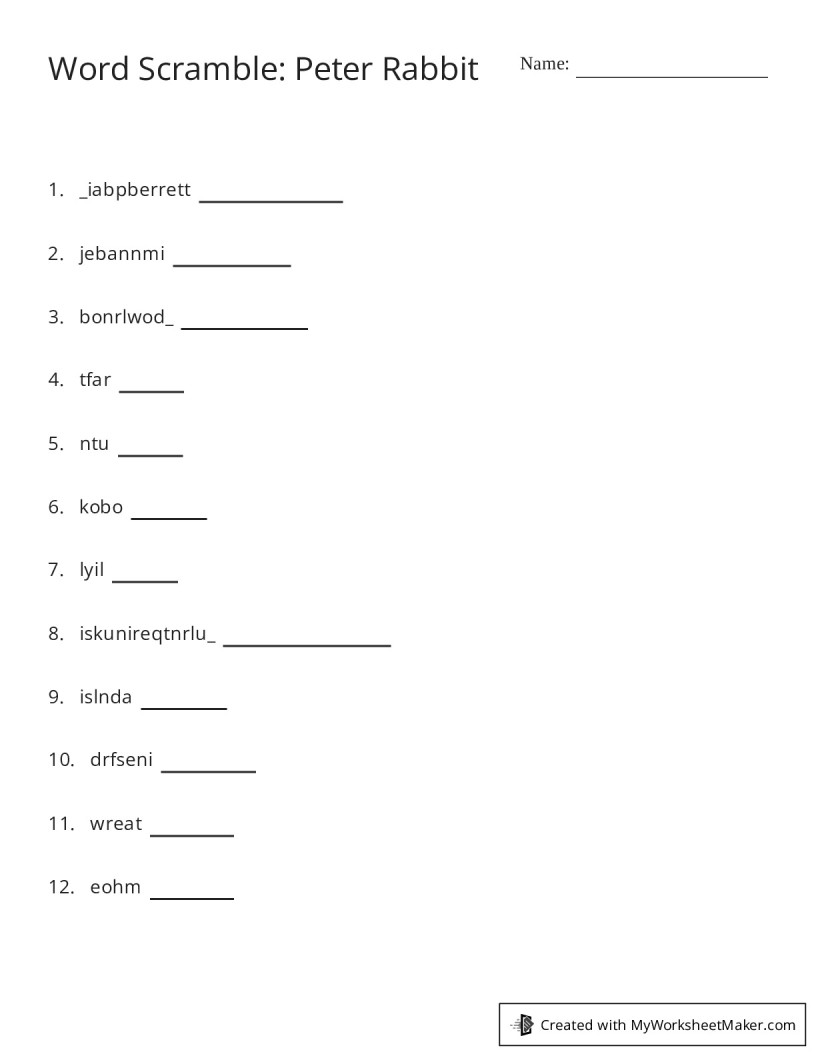 Word Scramble: Peter Rabbit - My Worksheet Maker: Create Your Own ...